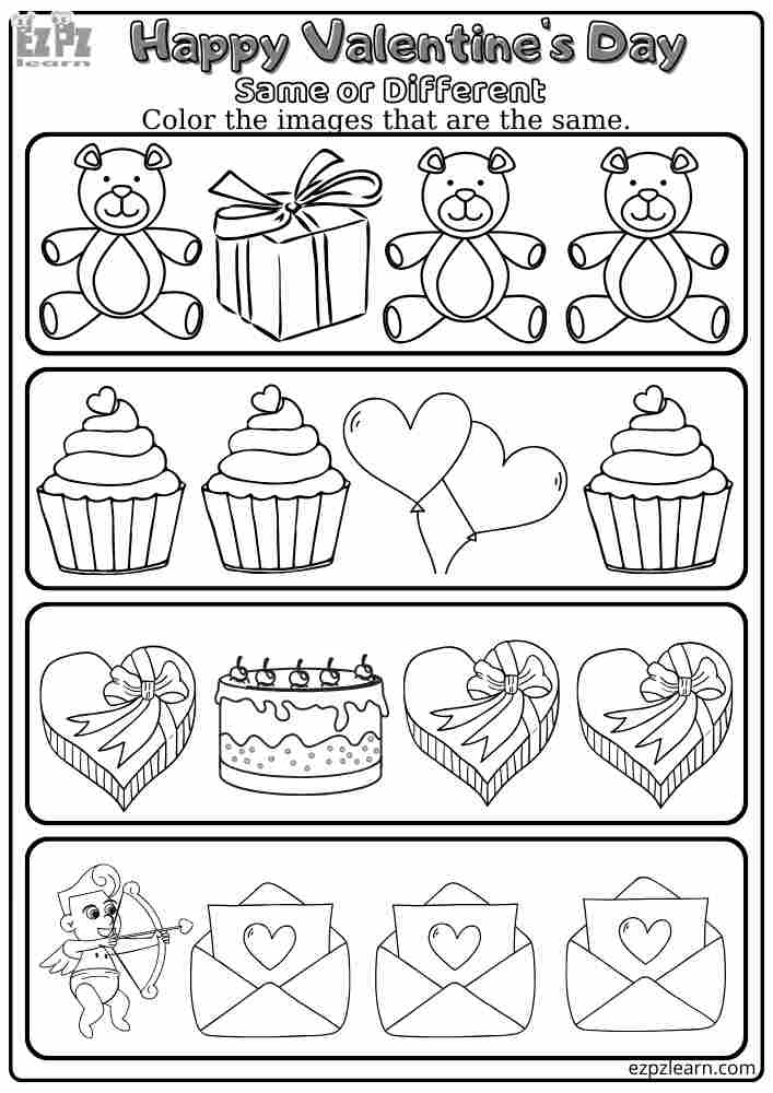 Valentines Day Same or Different Activity for Kids Kindergarten Classroom - Ezpzlearn.com
